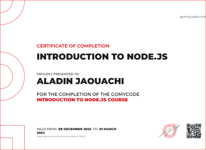 Aladin Jaouachi Certificate of Completion Introduction to Node.js