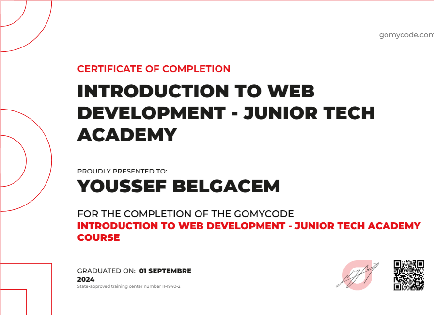 Youssef Belgacem Certificate of Completion Introduction To Web Development - Summer Academy