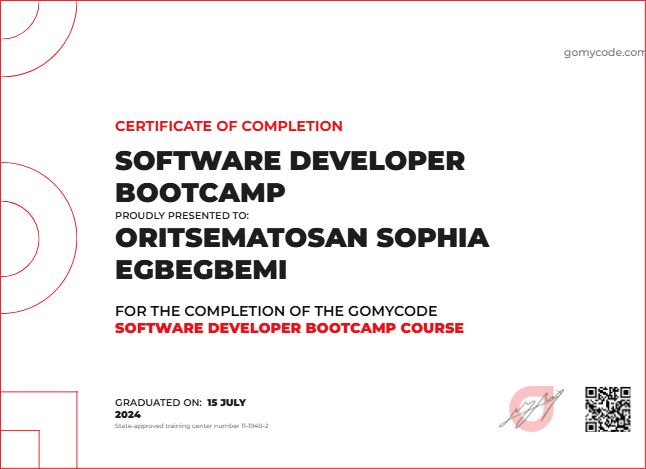 Oritsematosan Sophia Egbegbemi Certificate of Completion Software Developer Bootcamp