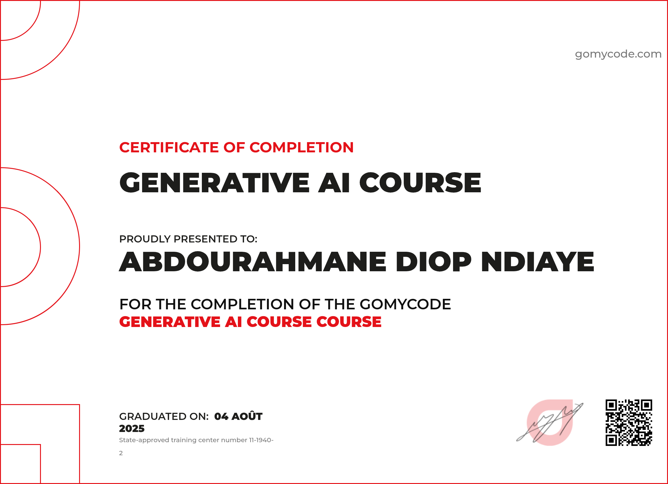 Abdourahmane Diop NDIAYE Certificate of Completion Generative AI course