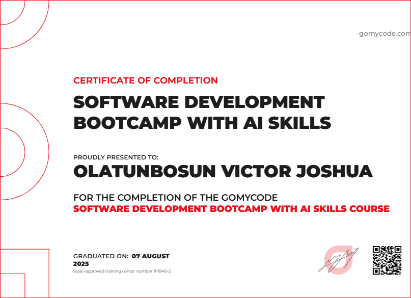 Olatunbosun Victor Joshua Certificate of Completion Software Development Bootcamp with AI skills