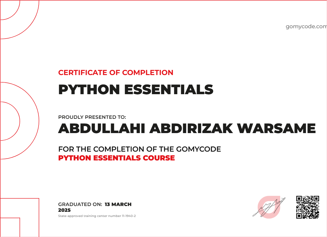 Abdullahi abdirizak warsame Certificate of Completion Python Essentials