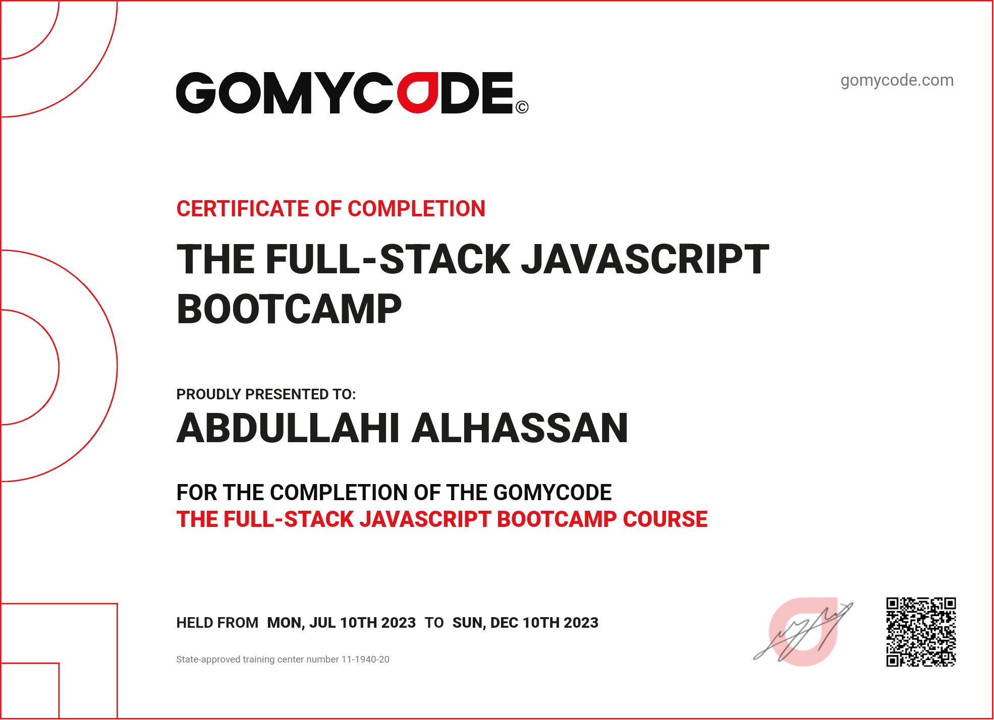Abdullahi Alhassan Certificate of Completion The Full-Stack Javascript Bootcamp
