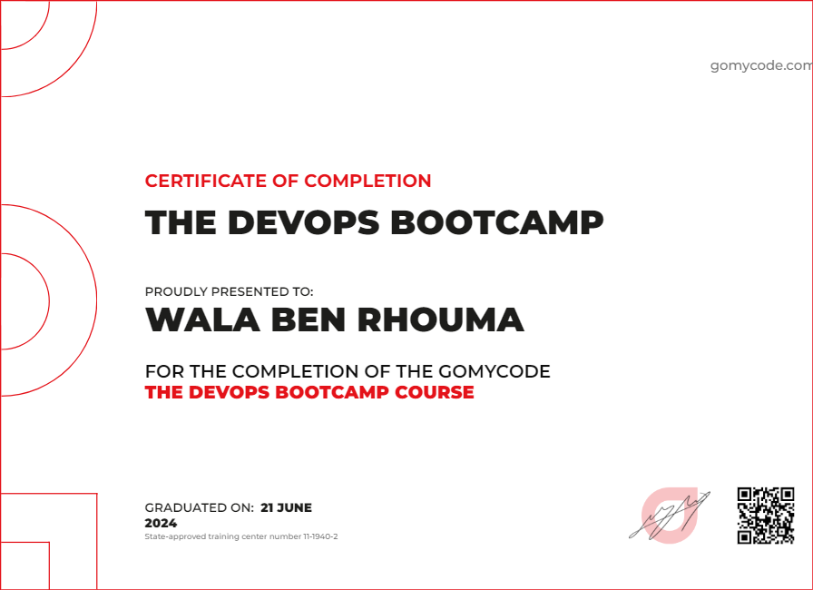 Wala Ben Rhouma Certificate of Completion The DevOps Bootcamp