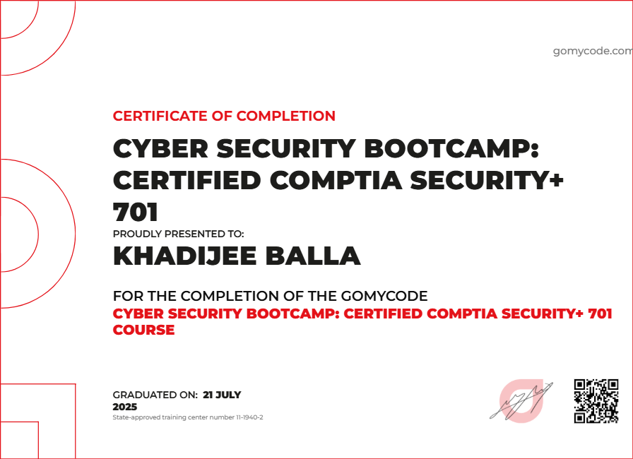 Khadijee Balla Certificate of Completion Cyber Security Bootcamp ...