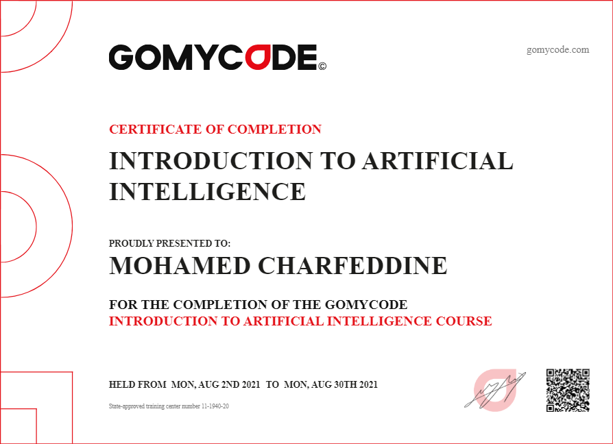 Mohamed Charfeddine Certificate of Completion Introduction to Artificial Intelligence