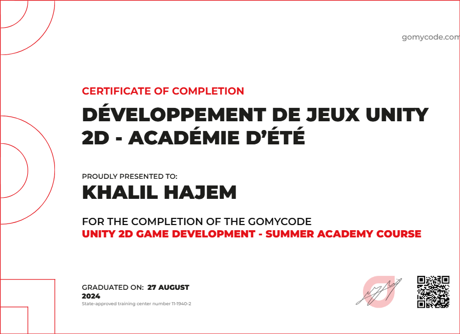 KHALIL HAJEM Certificate of Completion Unity 2D Game Development ...