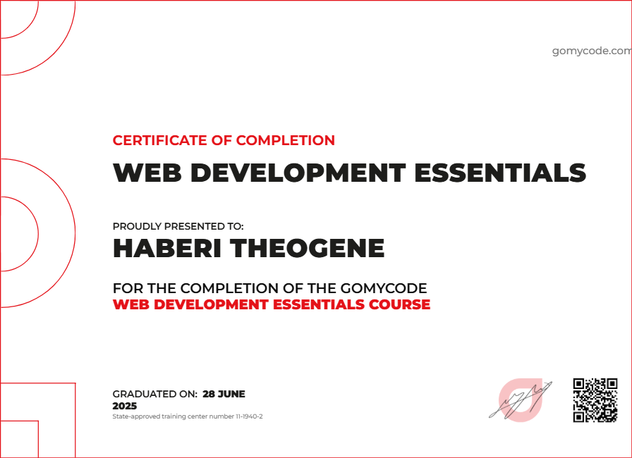 HABERI THEOGENE Certificate of Completion Web Development Essentials