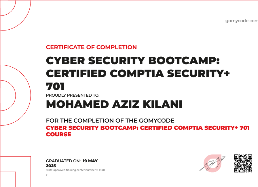 Mohamed Aziz Kilani Certificate of Completion Cyber Security Bootcamp: Certified CompTIA ...