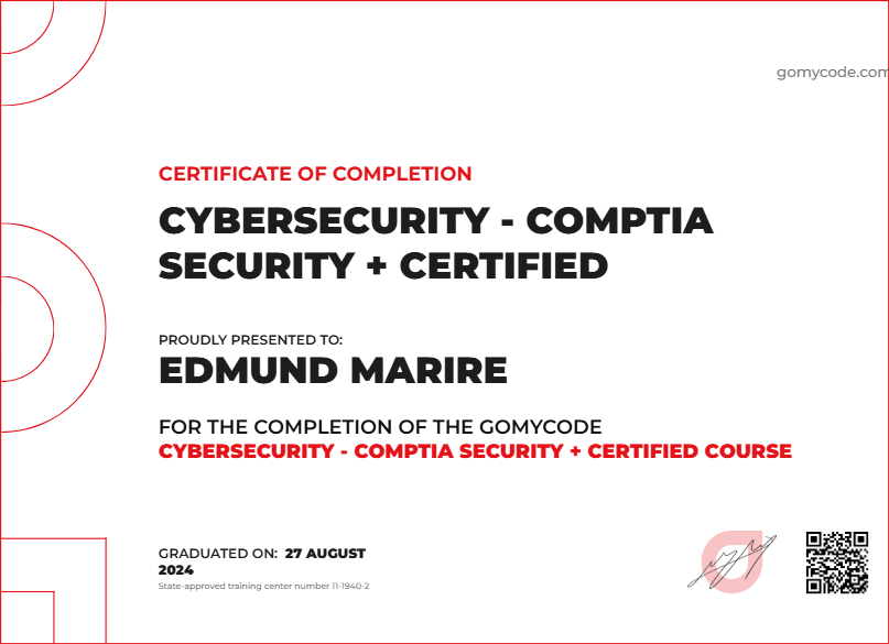 Edmund Marire Certificate of Completion Cybersecurity - Comptia ...