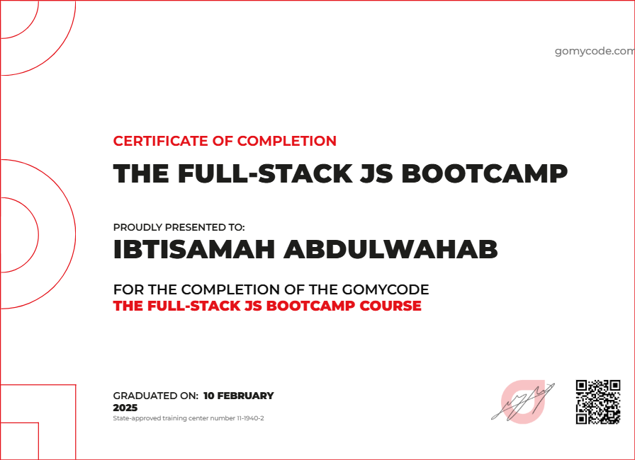 Ibtisamah Abdulwahab Certificate of Completion The Full-Stack JS Bootcamp