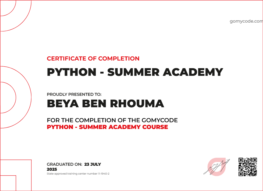 Beya Ben Rhouma Certificate of Completion Python - Summer Academy
