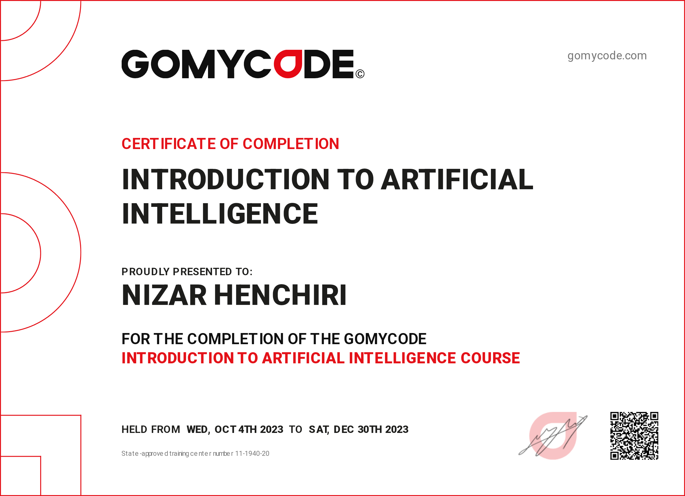 Nizar Henchiri Certificate of Completion Introduction to Artificial Intelligence