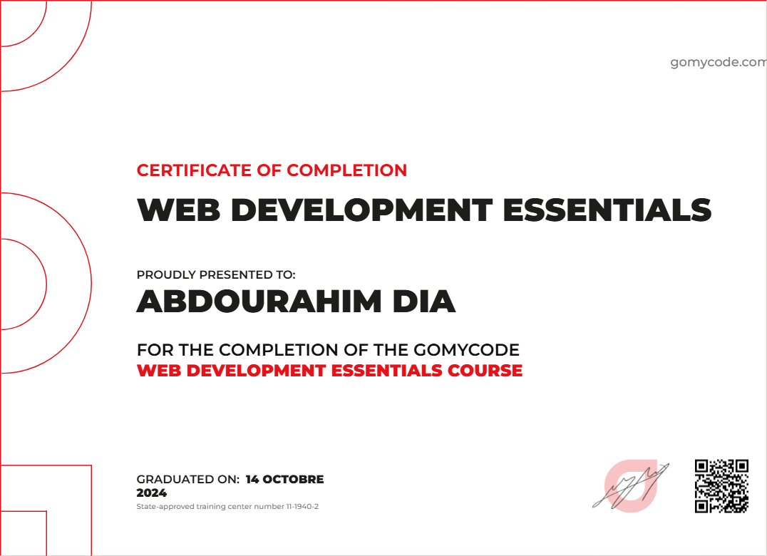 Abdourahim DIA Certificate of Completion Web Development Essentials