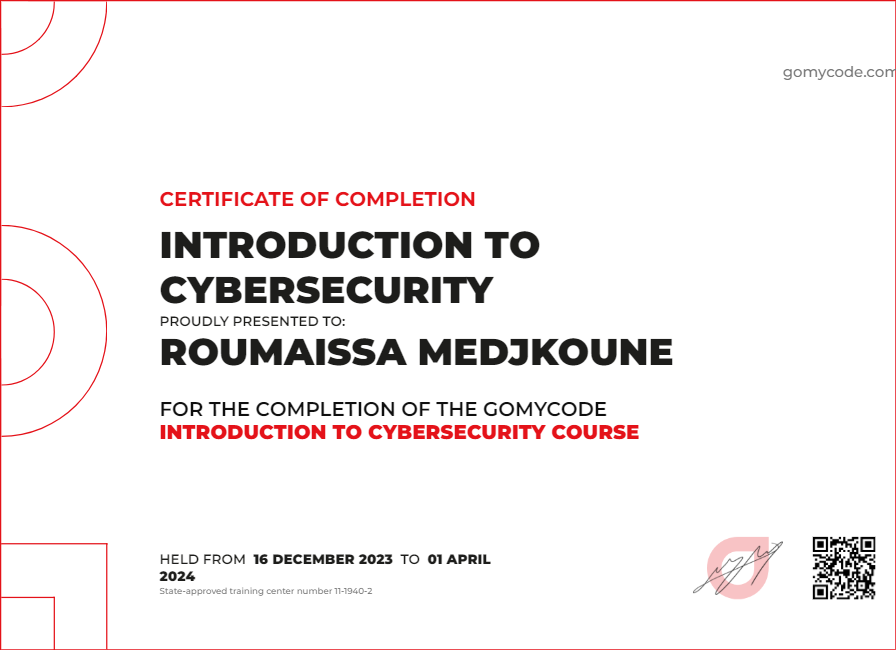 roumaissa medjkoune Certificate of Completion Introduction to Cybersecurity