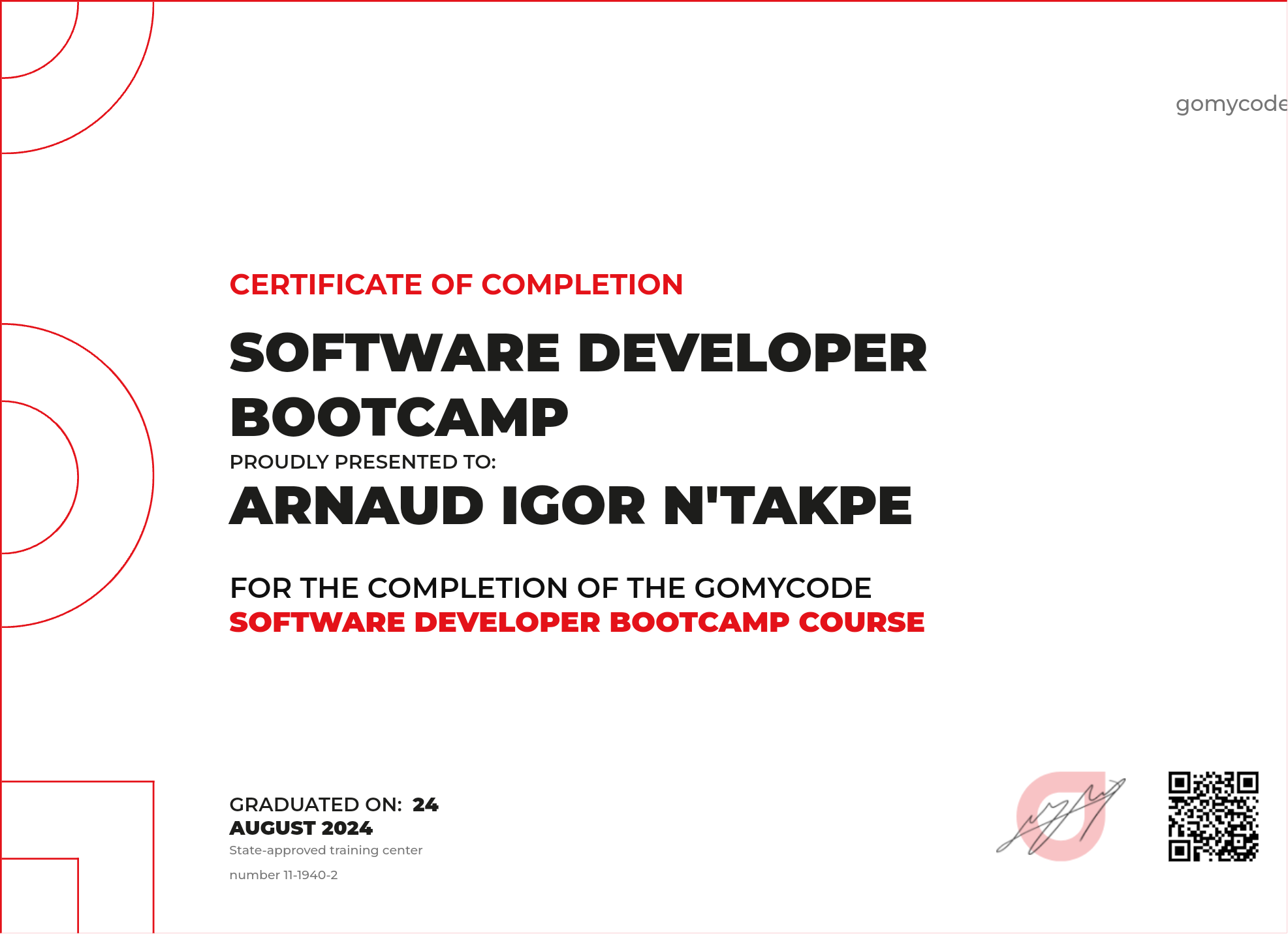 ARNAUD IGOR N'TAKPE Certificate of Completion Software Developer Bootcamp