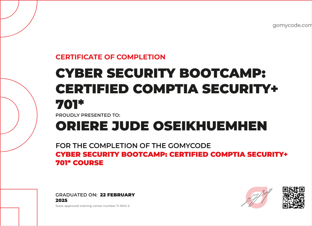 Oriere Jude Oseikhuemhen Certificate of Completion Cyber Security ...