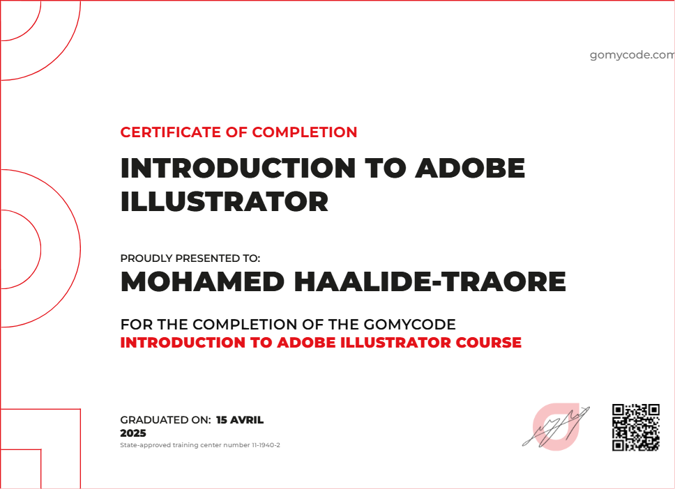 Mohamed HAALIDE-TRAORE Certificate of Completion Introduction to Adobe Illustrator
