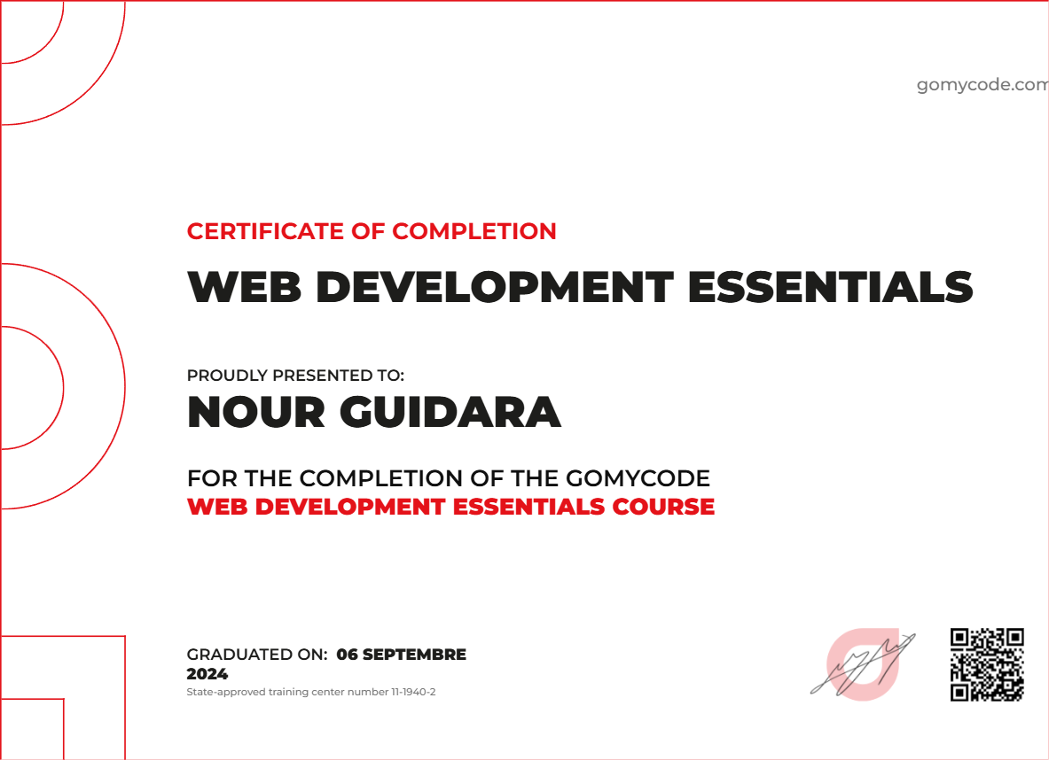 Nour Guidara Certificate of Completion Web Development Essentials