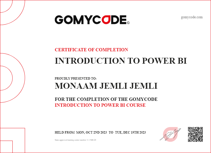 MONAAM Jemli Jemli Certificate of Completion Introduction to Power BI