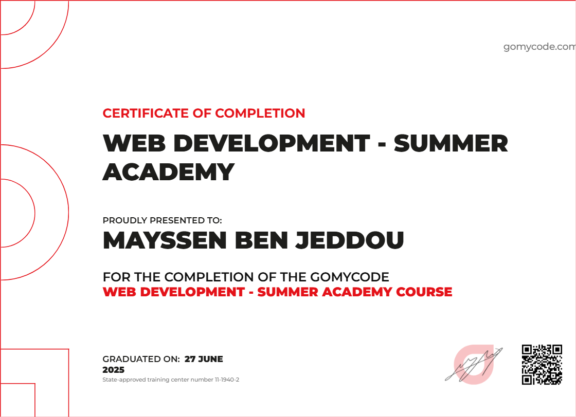 mayssen ben jeddou Certificate of Completion Web Development - Summer Academy