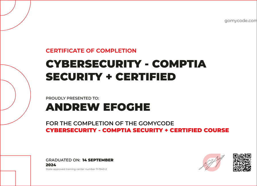 Andrew Efoghe Certificate of Completion Cybersecurity - Comptia Security + Certified