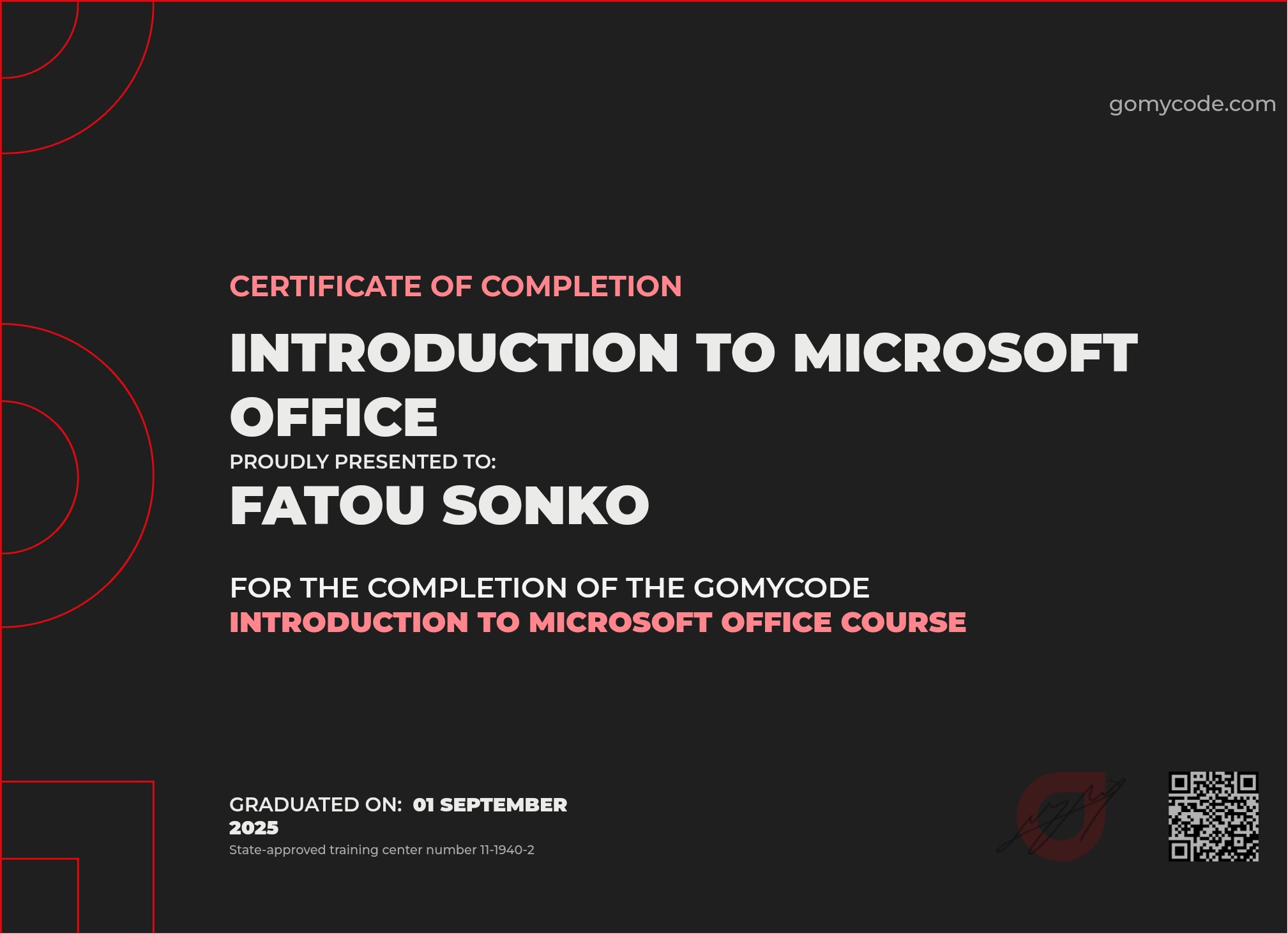 Fatou Sonko Certificate of Completion Introduction to Microsoft Office