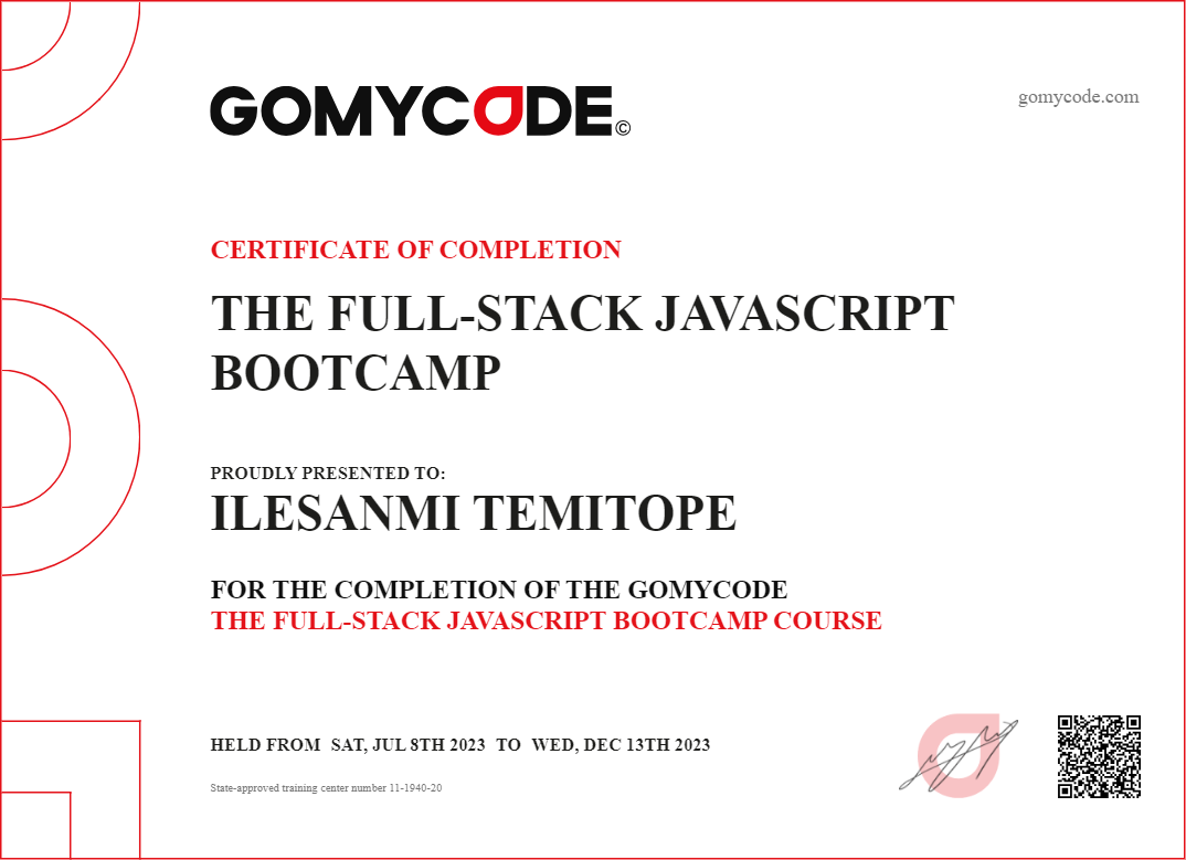 Ilesanmi Temitope Certificate of Completion The Full-Stack Javascript Bootcamp