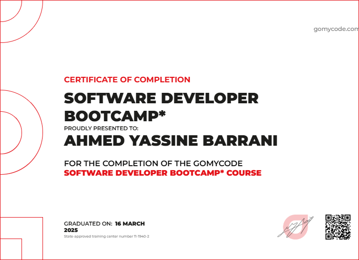 Ahmed Yassine Barrani Certificate of Completion Software Developer Bootcamp