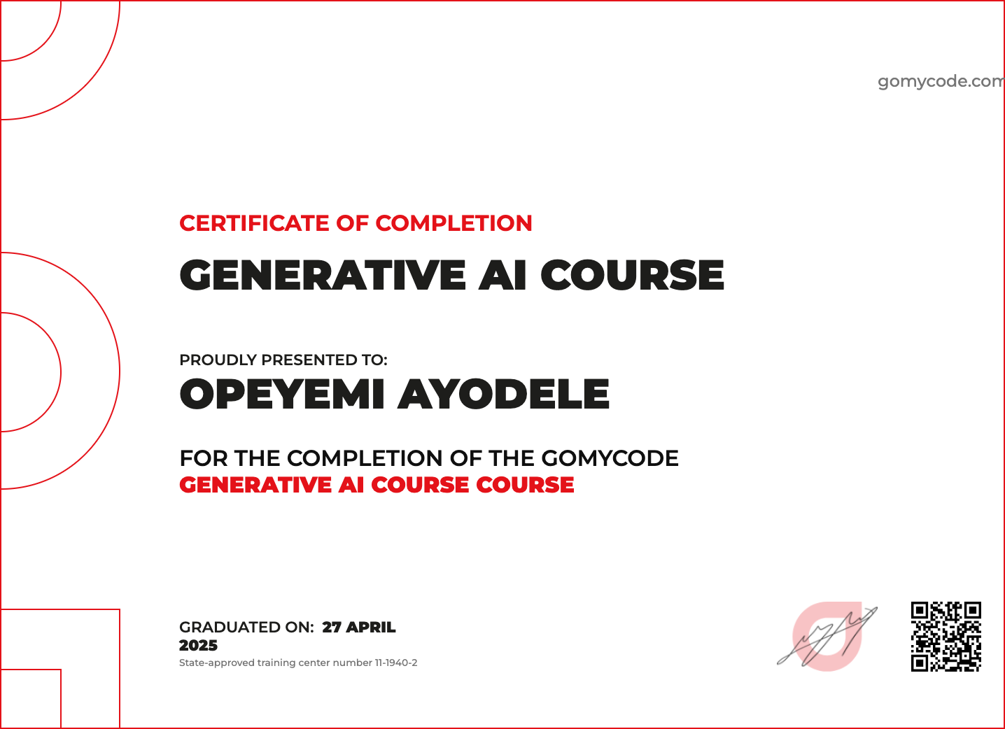 Opeyemi Ayodele Certificate of Completion Generative AI course
