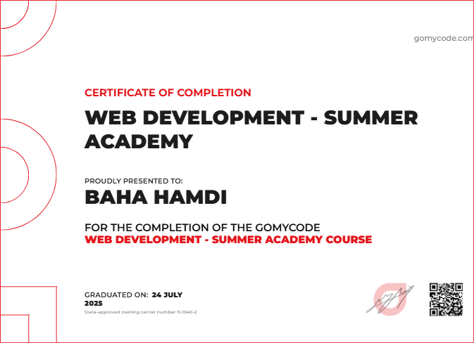 Baha Hamdi Certificate of Completion Web Development - Summer Academy