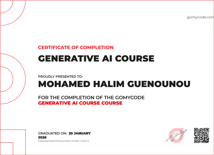 Mohamed Halim Guenounou Certificate of Completion Generative AI course