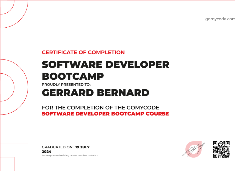 Gerrard Bernard Certificate of Completion Software Developer Bootcamp