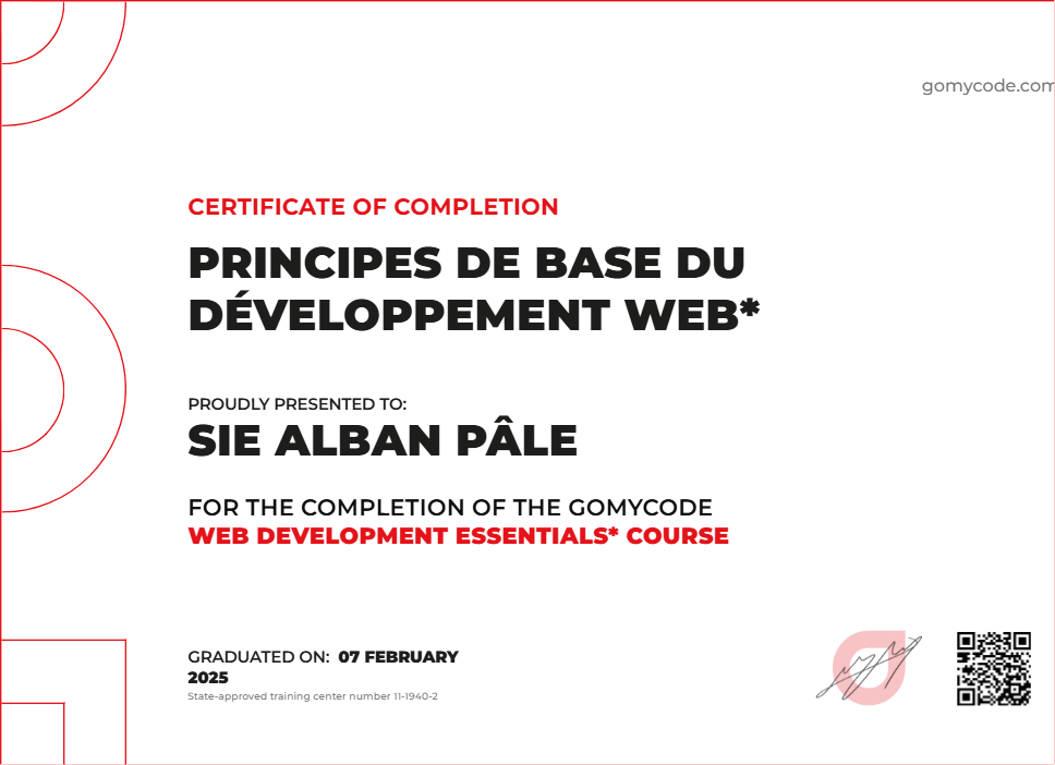SIE ALBAN PALE Certificate of Completion Web Development Essentials