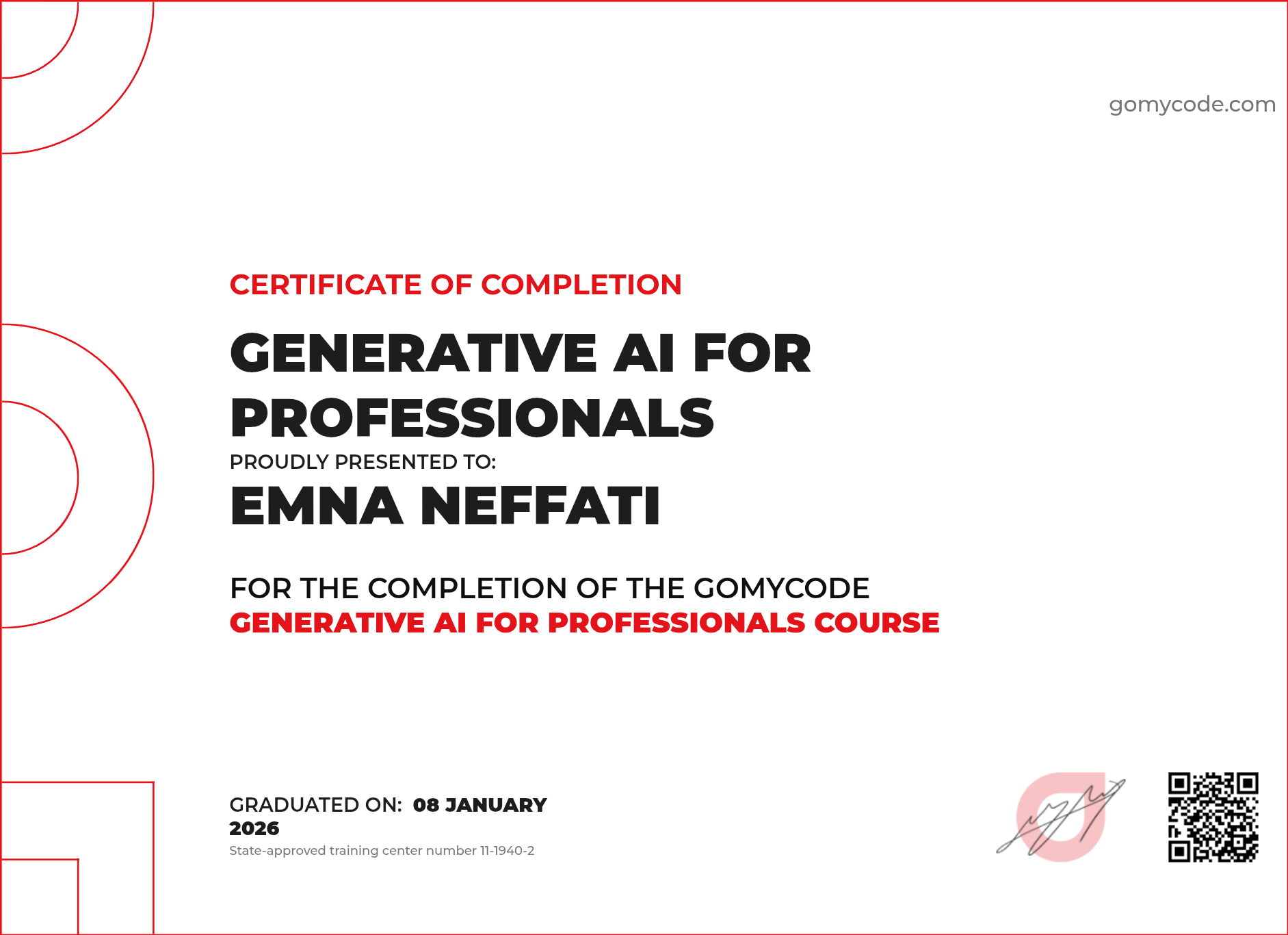 Emna Neffati Certificate of Completion Generative AI for Professionals