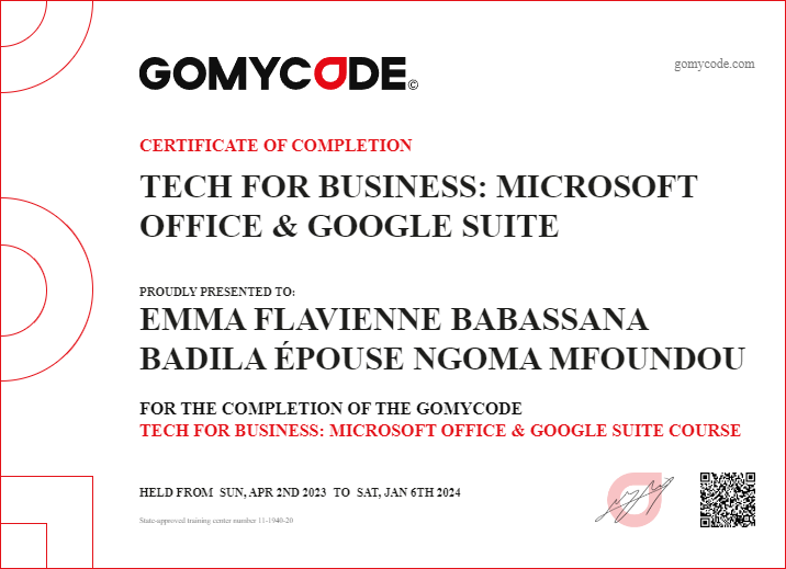 Emma Flavienne BABASSANA BADILA Épouse NGOMA MFOUNDOU Certificate of ...