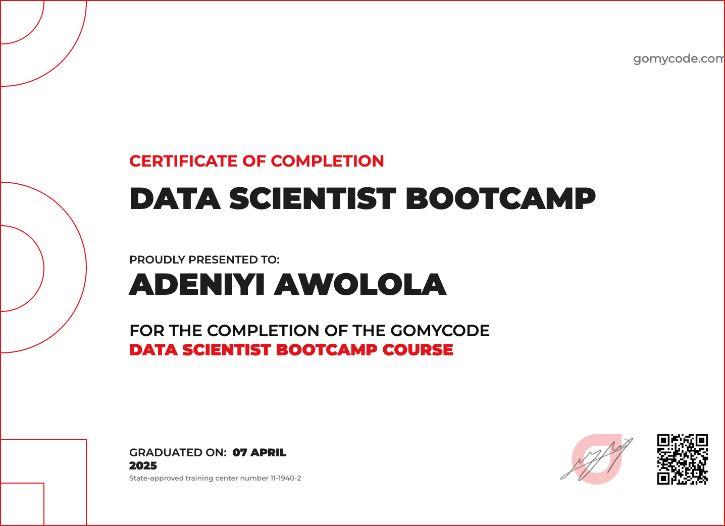 Adeniyi Awolola Certificate of Completion Data Scientist Bootcamp*