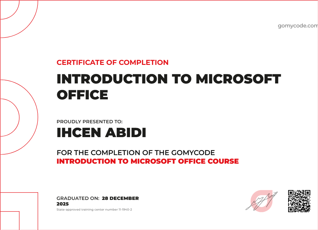 Ihcen Abidi Certificate of Completion Introduction to Microsoft Office