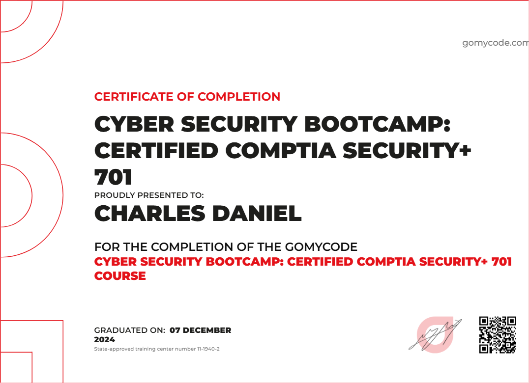 Charles Daniel Certificate of Completion Cyber Security Bootcamp: Certified CompTIA Security+ 701