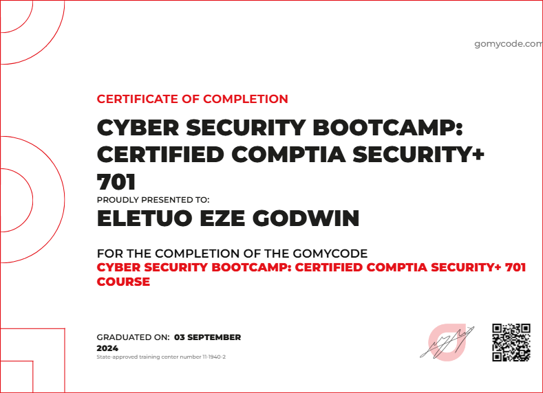 Eletuo Eze Godwin Certificate of Completion Cyber Security Bootcamp ...