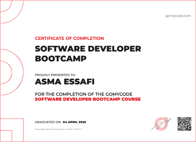 Asma Essafi Certificate of Completion Software Developer Bootcamp