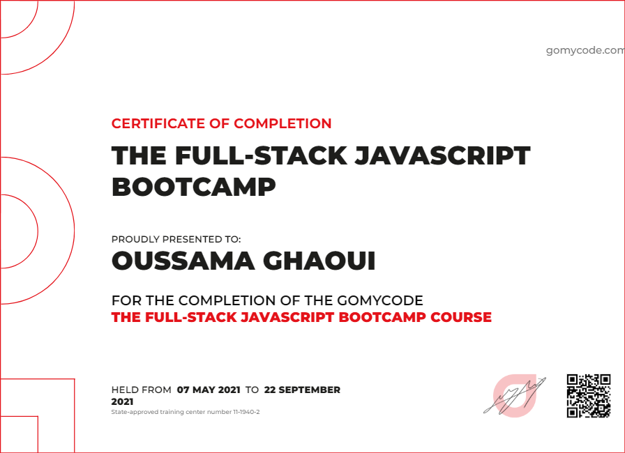 Oussama Ghaoui Certificate of Completion The Full-Stack Javascript Bootcamp