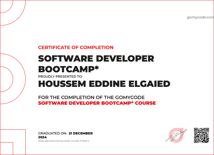 Houssem Eddine ELGAIED Certificate of Completion Software Developer Bootcamp