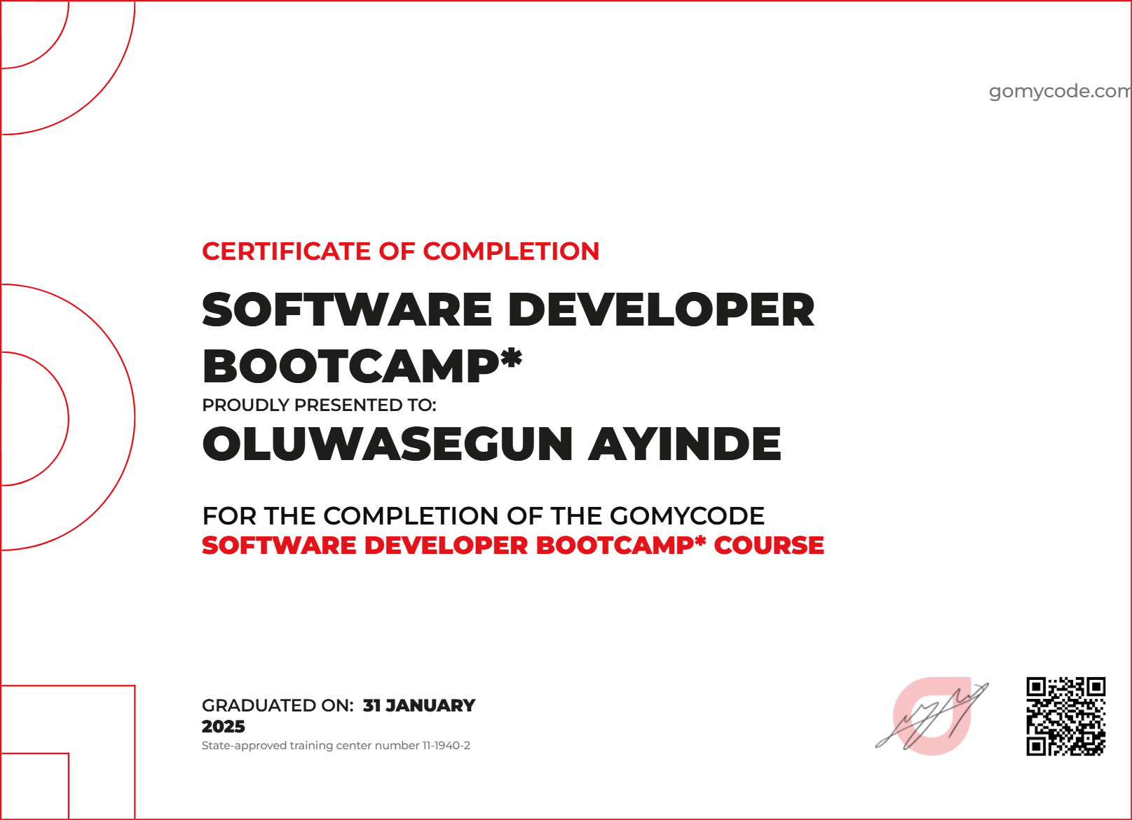 Oluwasegun Ayinde Certificate of Completion Software Developer Bootcamp