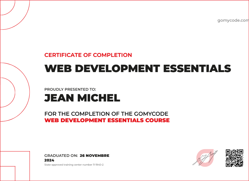 Jean Michel Certificate of Completion Web Development Essentials