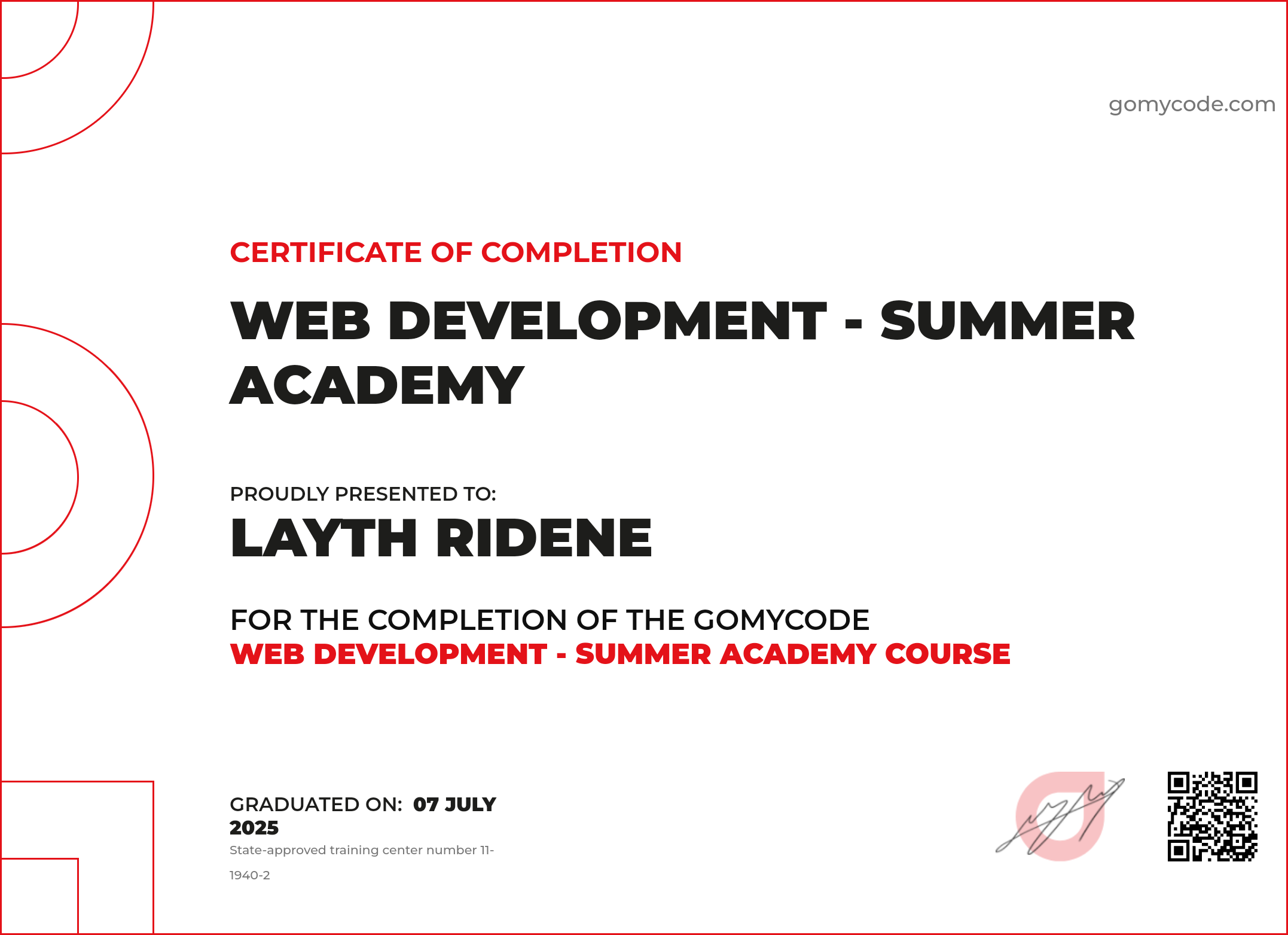 layth ridene Certificate of Completion Web Development - Summer Academy