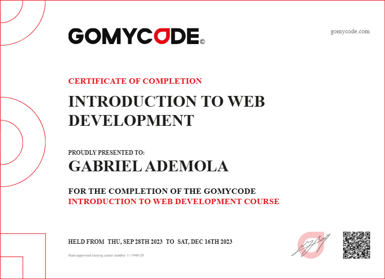 Gabriel Ademola Certificate of Completion Introduction to Web Development