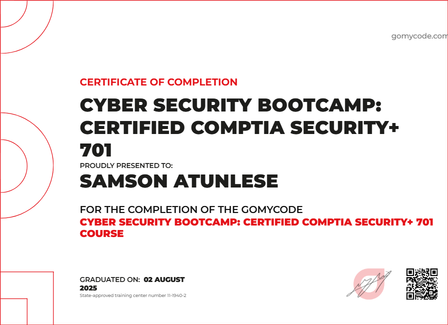 Samson Atunlese Certificate of Completion Cyber Security Bootcamp ...