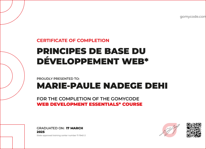 MARIE-PAULE NADEGE DEHI Certificate of Completion Web Development Essentials