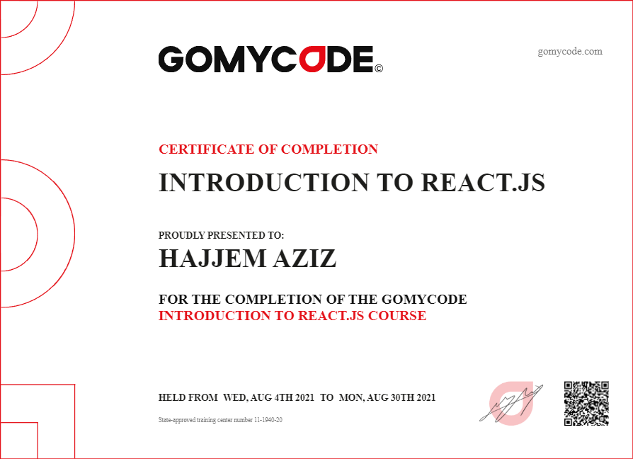 Hajjem Aziz Certificate of Completion Introduction to React.js